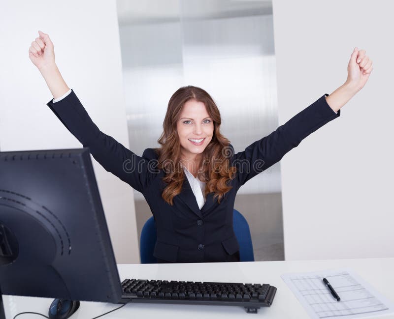 Jubilant Businesswoman in Office Stock Image - Image of person ...