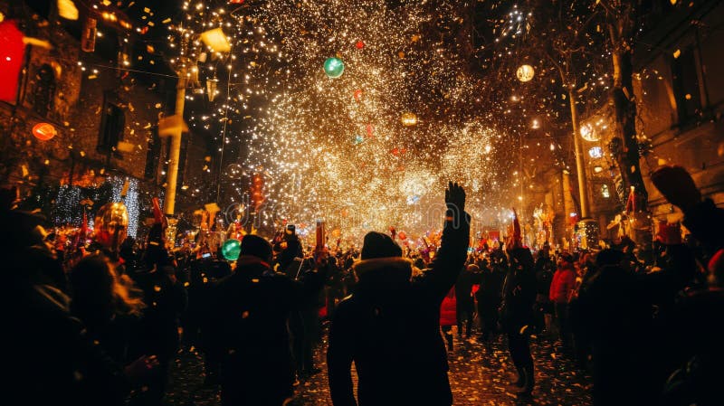 Jubilant Crowd Celebrates with Fireworks at Night Stock Illustration ...
