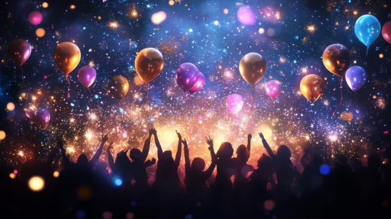 Jubilant Crowd Celebrating with Fireworks and Balloons Stock ...