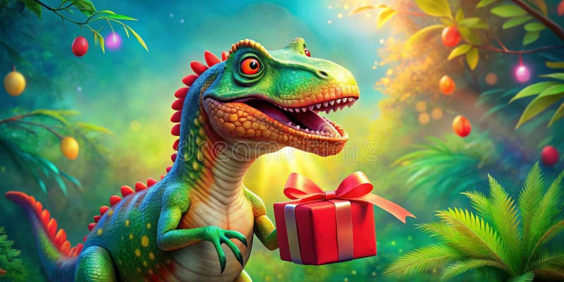 A Jubilant Dinosaur Presents a Gift in a Vibrant Jungle Setting ...