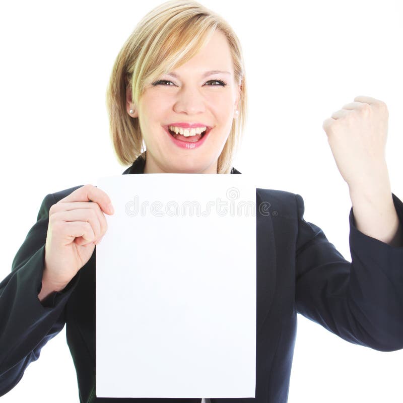 Jubilant Woman with Blank Sheet of Paper Stock Image - Image of holding ...