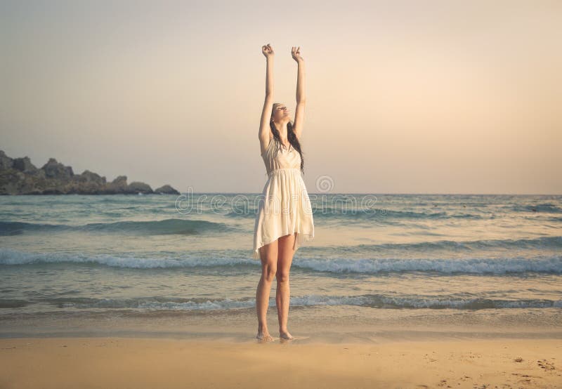 Jubilating Girl at the Seaside Stock Photo - Image of fashion, peace ...