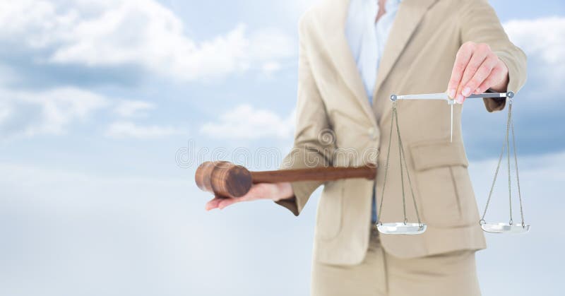 Judge with Balance Scale and Hammer in Front of Sky Clouds Stock Photo ...