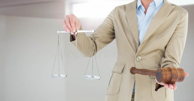 Judge with Balance Scale and Hammer in Front of Window Light Stock ...