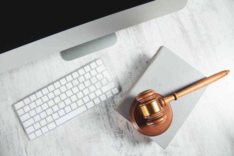 Judge on Book with Computer on Desk. Stock Photo - Image of legislation ...