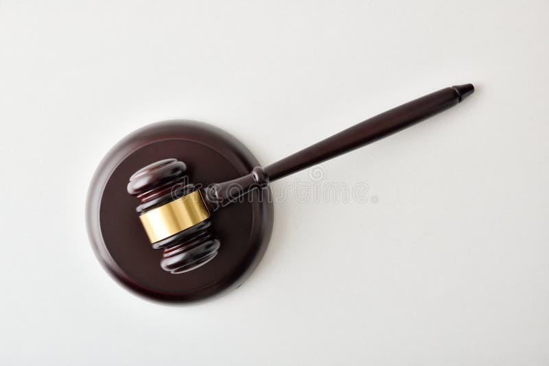 Judge Gavel Background on White Table Top View Stock Image - Image of ...