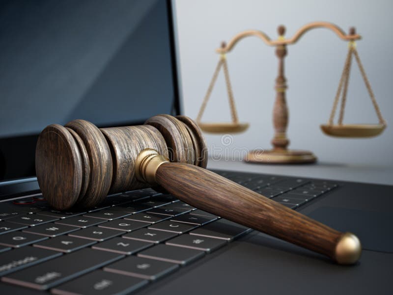 Judge Gavel and Balanced Scale Standing on Laptop Computer Keyboard. 3D ...
