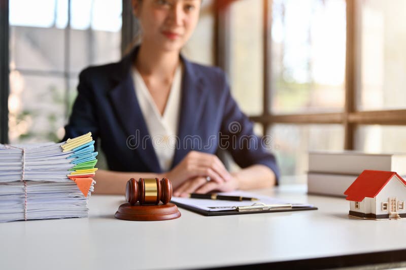 Judge Gavel, Contract, Documents, House Model and Office Supplies on the Table Stock Image ...