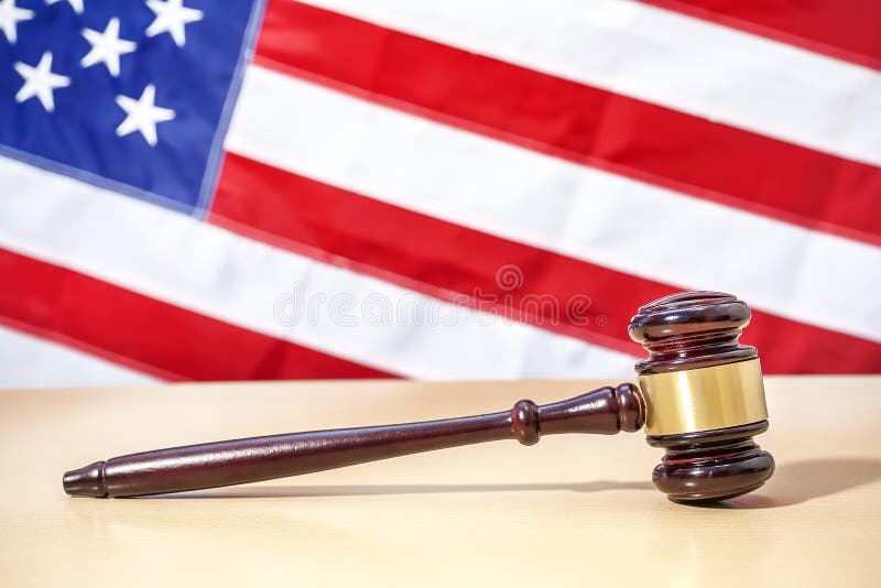 Judge Gavel on Table, USA Flag. Symbol of Justice Stock Photo - Image ...