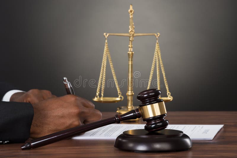 Judge Hands Writing on Document at Desk Stock Image - Image of court ...