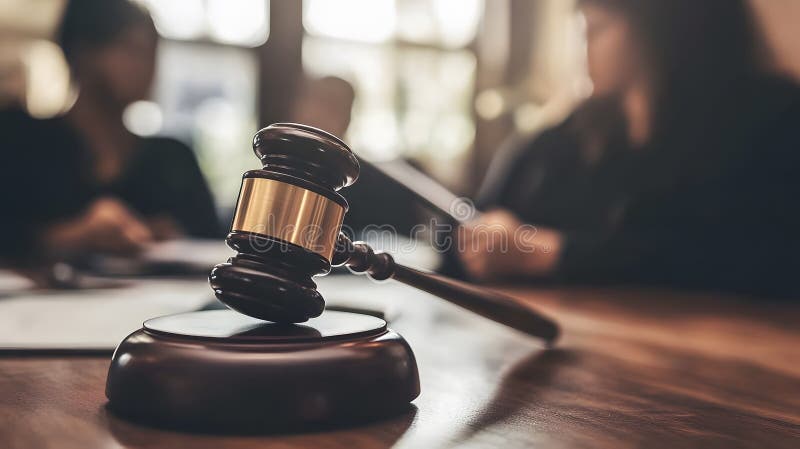 A Judge Holding a Gavel in Front of Two People Stock Illustration ...