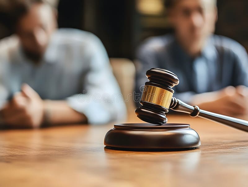 A Judge Holding a Gavel in Front of Two People Stock Illustration ...