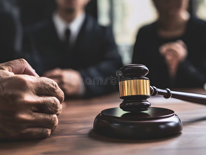A Judge Holding a Gavel in Front of Two People Stock Illustration ...