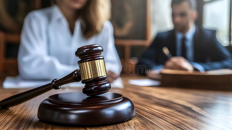A Judge Holding a Gavel in Front of Two People Stock Illustration ...