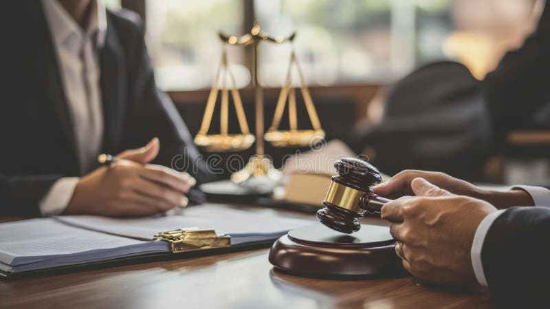 A Judge Holding a Gavel in Front of Two People, AI Stock Photo - Image ...