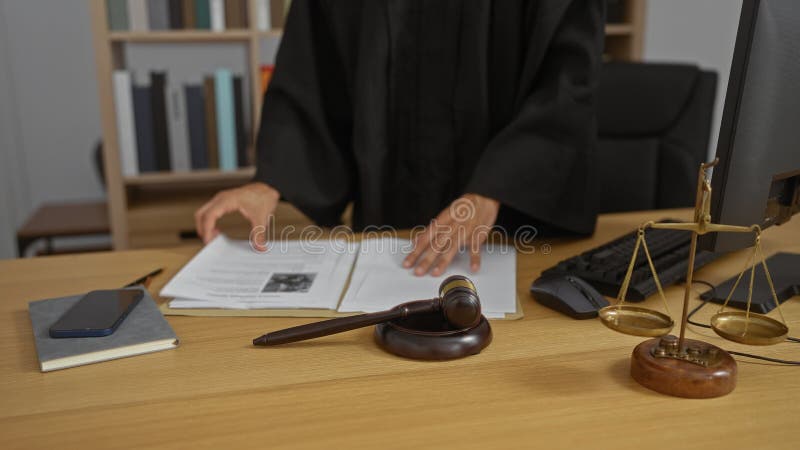 Judge in Office with Scales of Justice and Gavel, Examining Documents ...