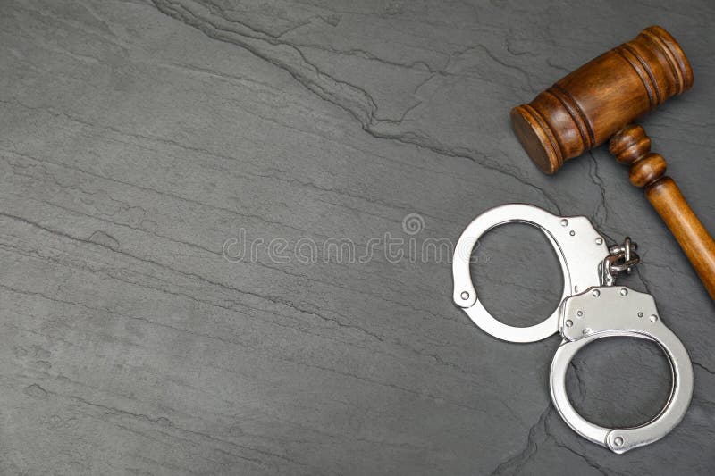 Judge S Gavel and Handcuffs on Gray Textured Table, Flat Lay. Space for Text Stock Photo - Image ...