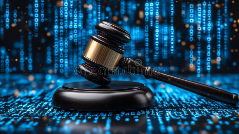 Judge S Gavel Rests on Digital Surface with Flowing Binary Code ...
