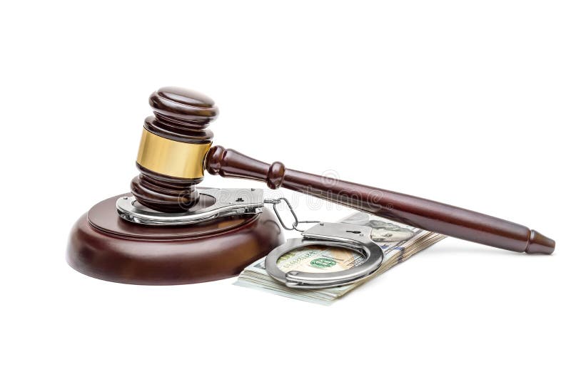 Judge`s Gavel with Stack of Money and Handcuffs on White. Justice ...