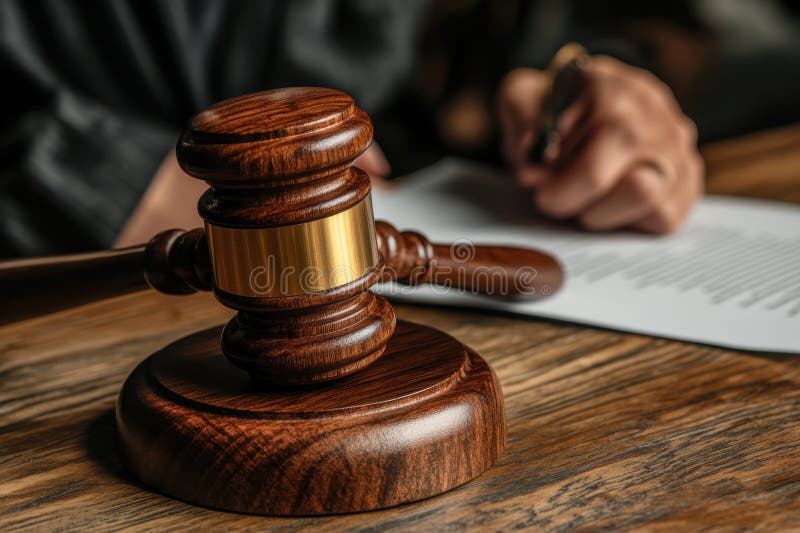 Judge Signing Document with Gavel on Wooden Table Stock Illustration ...