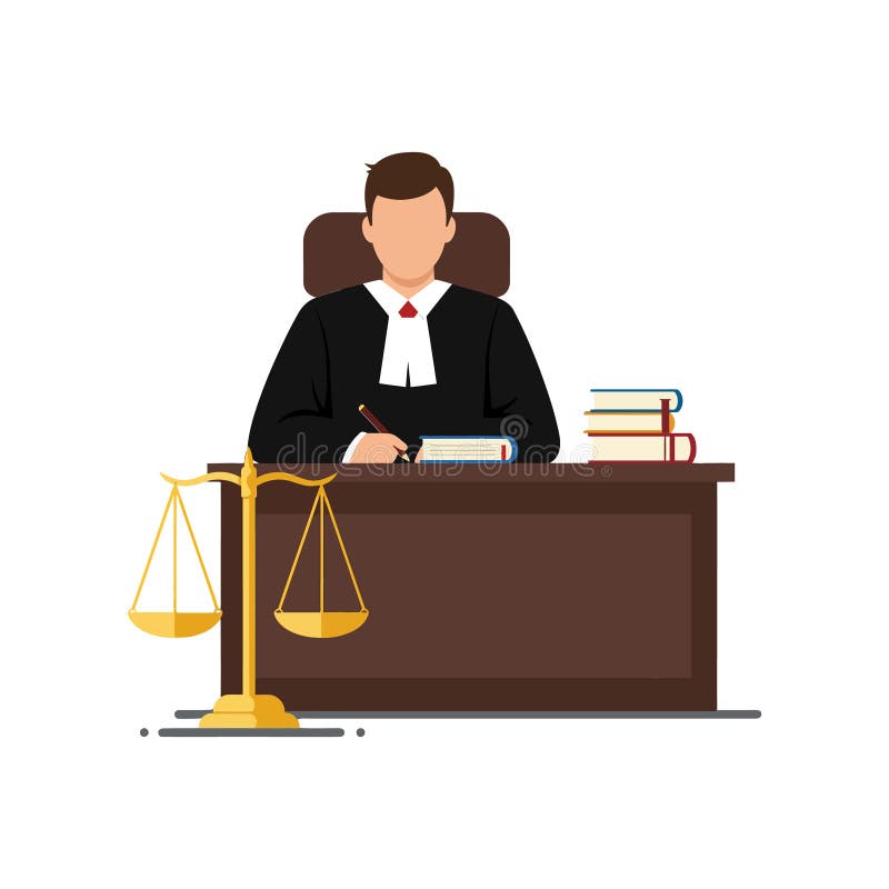 Judge Sitting at Desk with Scales and Books in Flat Vector Art Stock ...