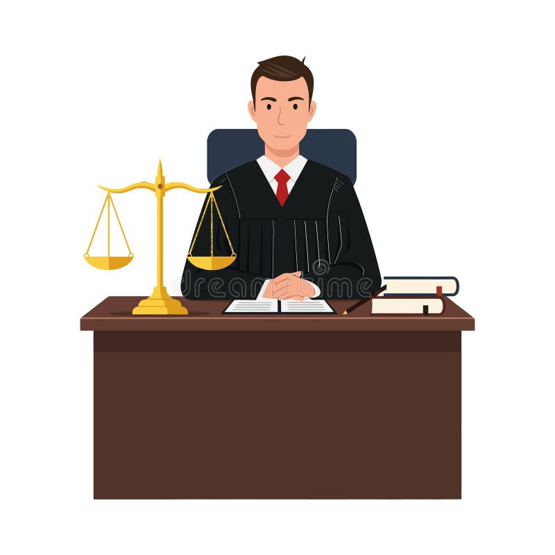 Judge Sitting at Desk with Scales of Justice Flat Vector Art Stock ...