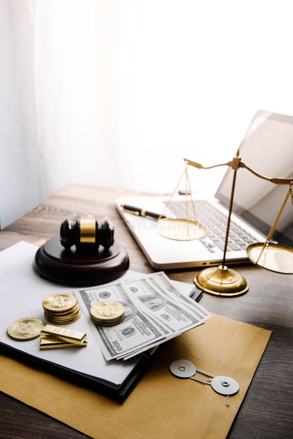 Judges Gavel and Scale of Justice on the Black Table Background in Back ...