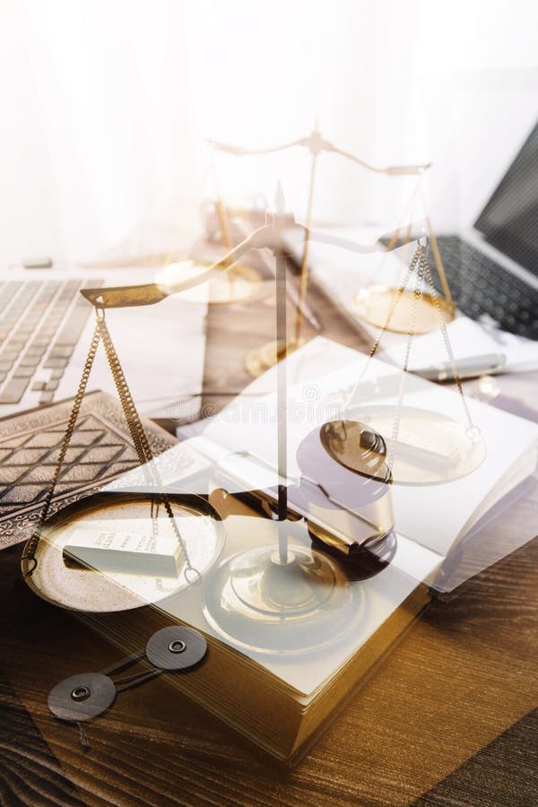 Judges Gavel and Scale of Justice on the Black Table Background in Back ...