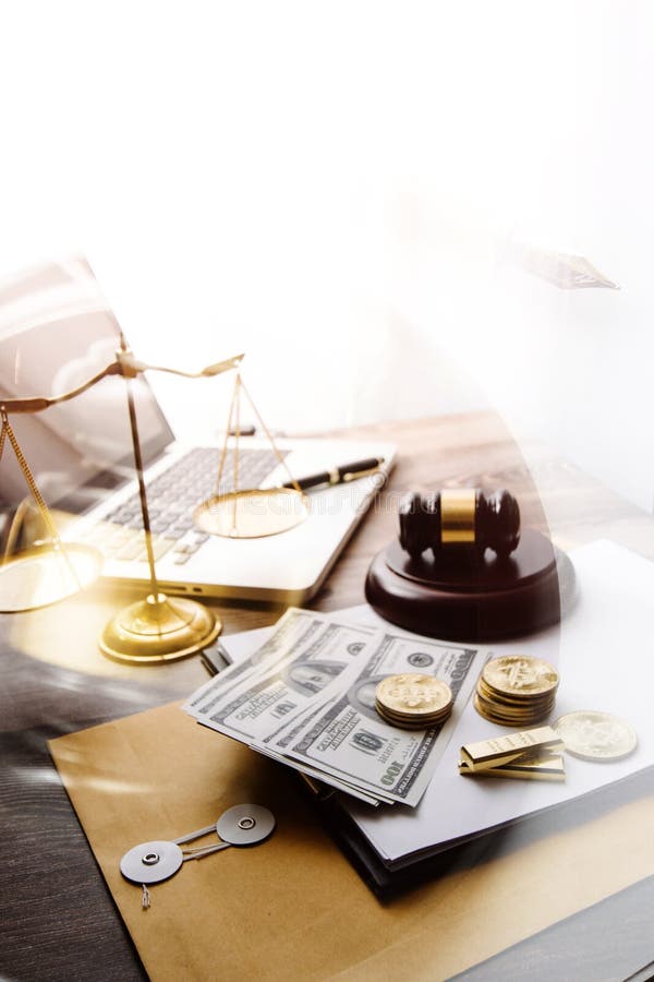 Judges Gavel and Scale of Justice on the Black Table Background in Back ...