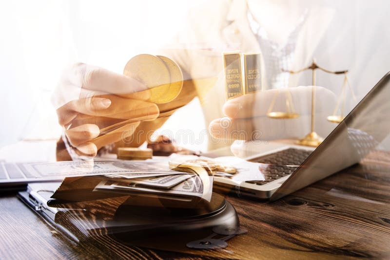 Judges Gavel and Scale of Justice on the Black Table Background in Back ...