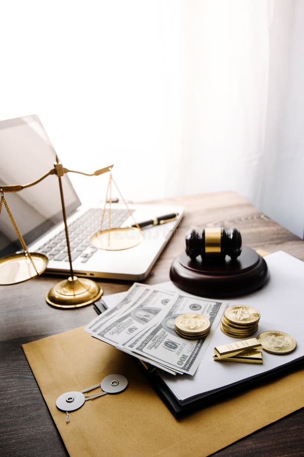 Judges Gavel and Scale of Justice on the Black Table Background in Back ...