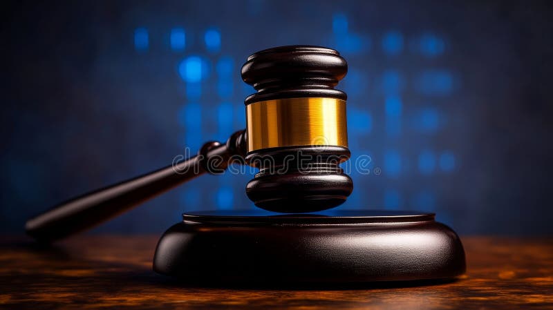 Judges Gavel on Sounding Block, Blue Binary Code Background, Law ...