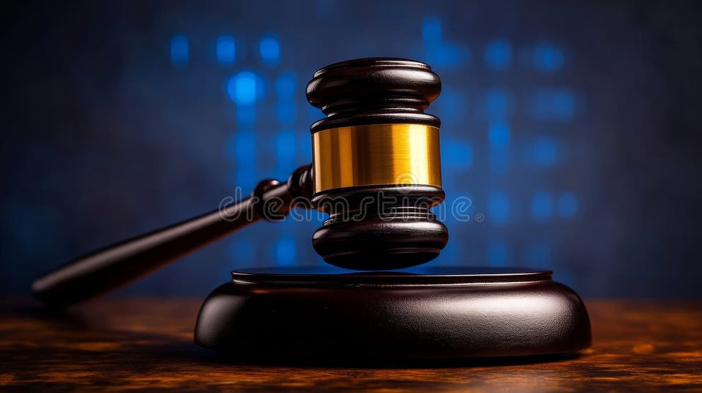 Judges Gavel on Sounding Block, Blue Binary Code Background, Law ...