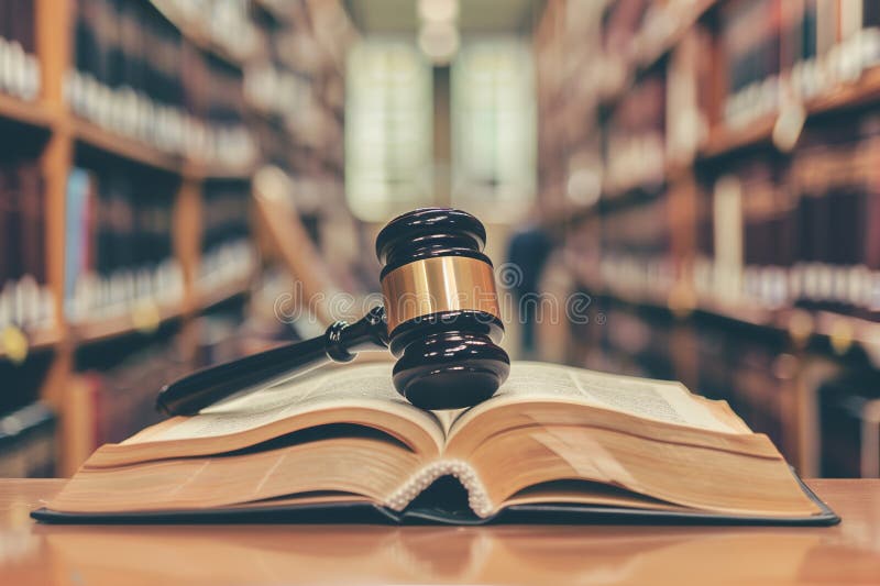 Judges Gavel on Top of Book in Library Stock Photo - Image of judicial ...