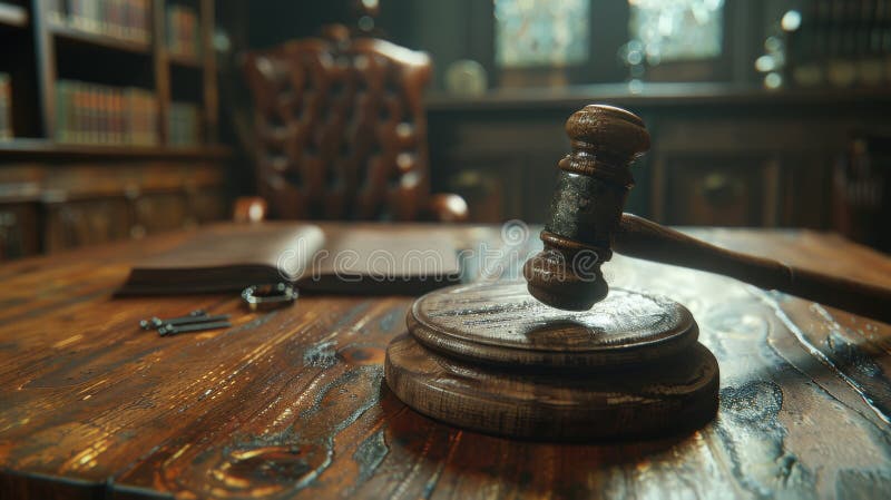 Judges Gavel on Wooden Table in Library Stock Image - Image of concept ...