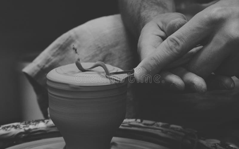 Jug Carving Tool. Pottering Process. Man Making a Pot from Clay Close ...