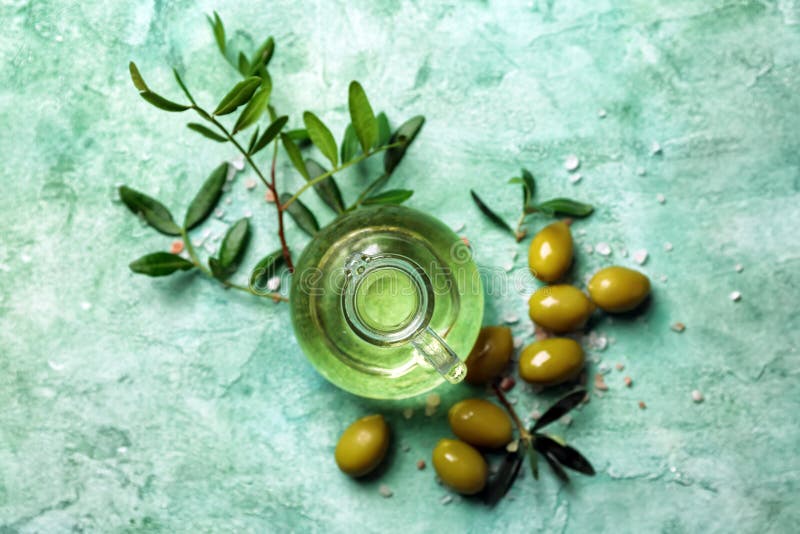 Jug of Fresh Olive Oil on Color Table Stock Image - Image of cuisine ...