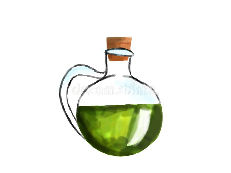 Jug with Green Olive Oil or Magic Elixir, Watercolor Stock Illustration ...
