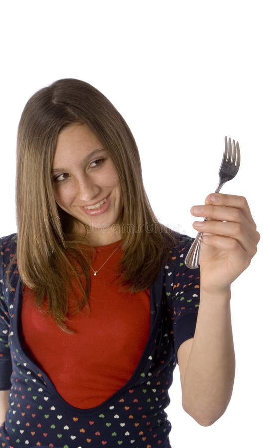Jugendlich Mädchen Mit Gabel Stockfoto - Bild von küchenbedarf, hemd ...