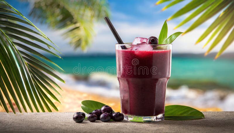 Juice Acai in Glass with Beach Background Stock Image - Image of ...