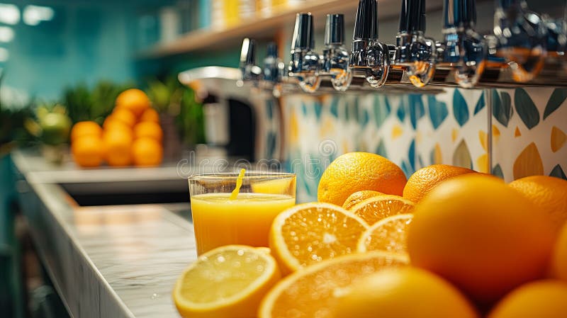 Juice Bar with Fresh Oranges Being Squeezed into a Glass, Bright Stock ...
