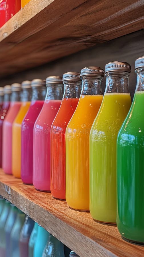 Juice Bar Lineup Colorful Bottles on Shelf. Stock Image - Image of ...