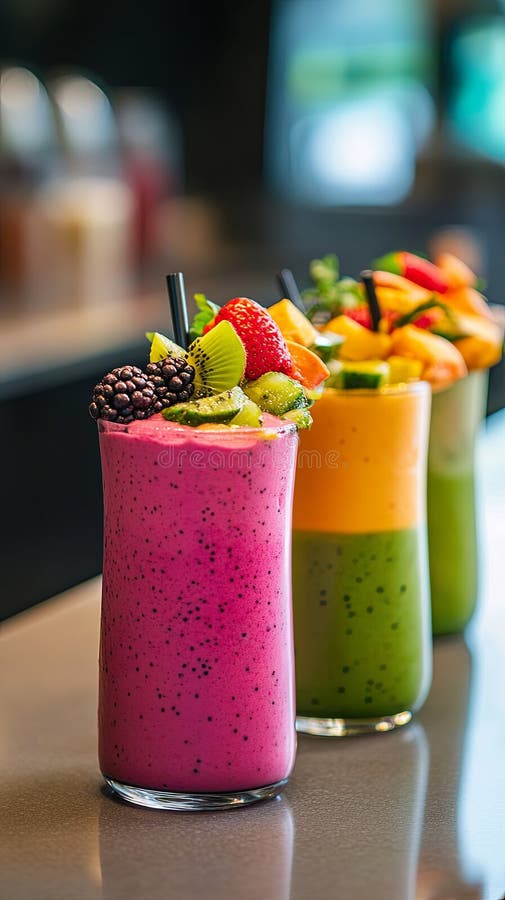 A Juice Bar Serving Colorful Smoothies with Fresh Garnishes. Pic Stock ...