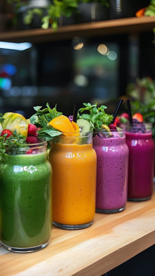 A Juice Bar Serving Colorful Smoothies with Fresh Garnishes. Pic Stock ...
