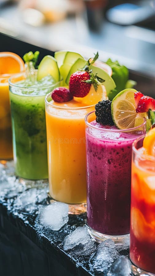A Juice Bar Serving Colorful Smoothies with Fresh Garnishes. Pic Stock ...