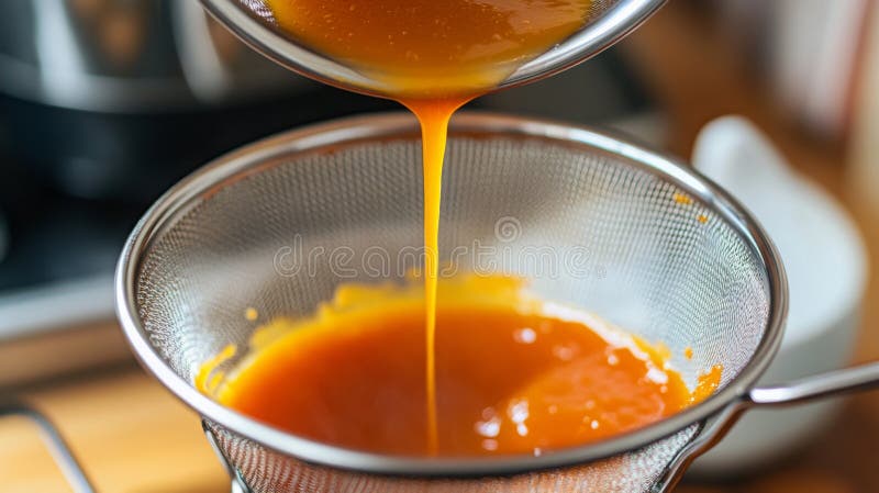 Juice is Being Strained through a Fine Mesh Sieve in a Kitchen Setting ...