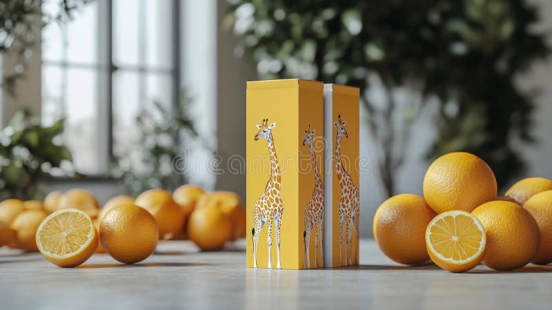 Juice Box with Giraffe Design Surrounded by Fresh Oranges Generative AI ...