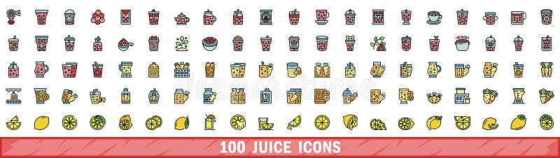 100 Juice Icons Set, Color Line Style Stock Vector - Illustration of ...