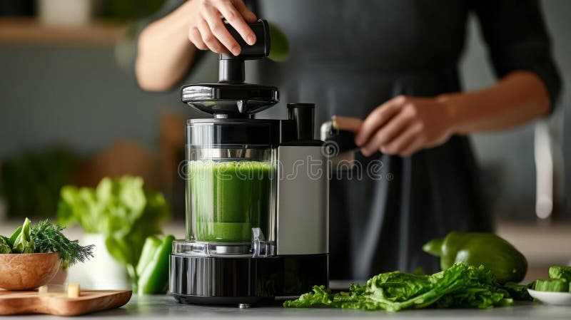 Juice Making Process with Fresh Greens in a Modern Kitchen Setting ...