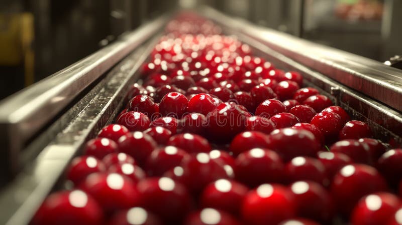 Juice Production Process with Freshly Harvested Cherries on Conveyor ...